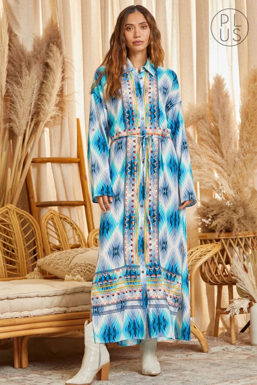 Blue Caracao Aztec Button Down Dress Duster Plus Size – Crutcher's Western