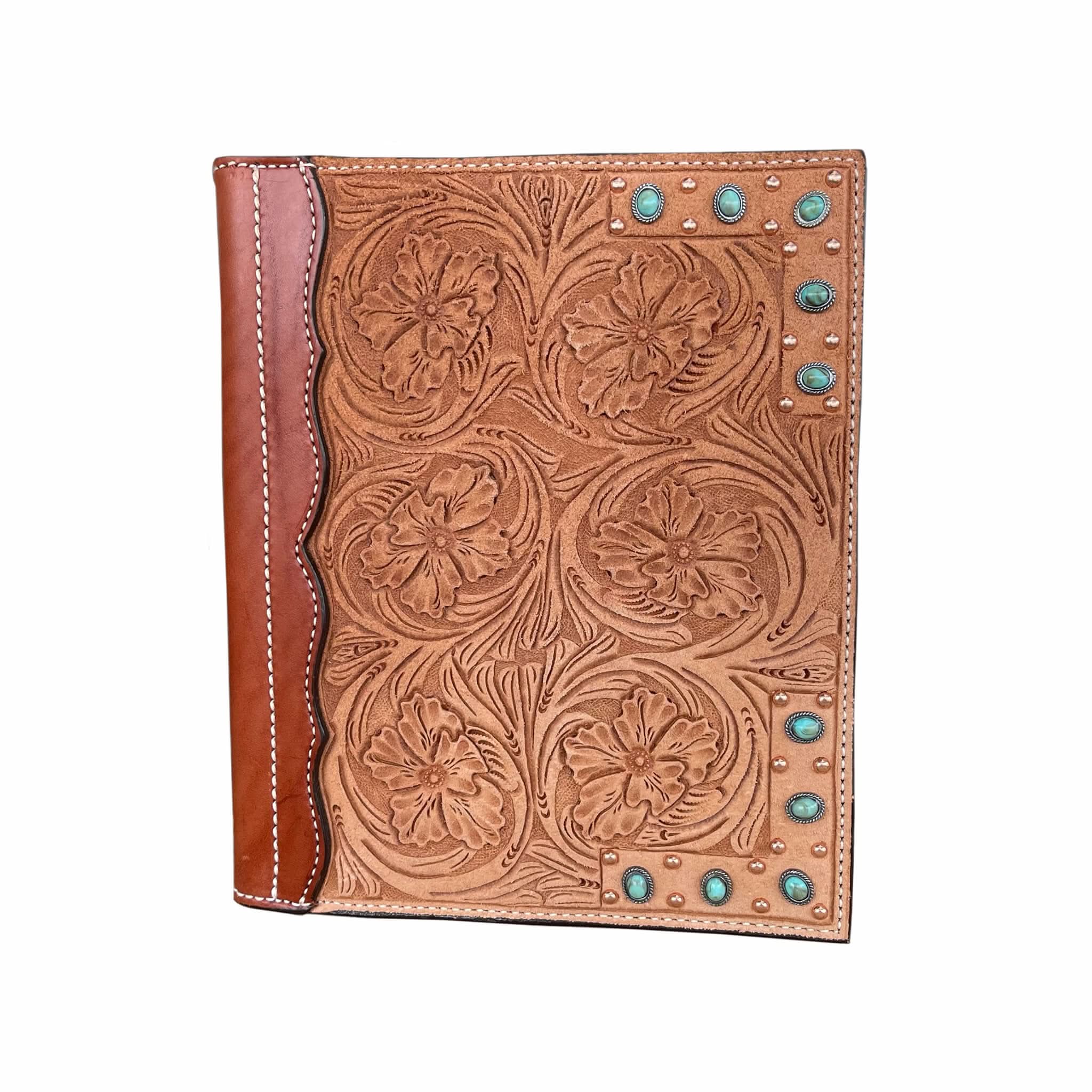 Large portfolio rough out golden leather wild rose tooling with stones ...